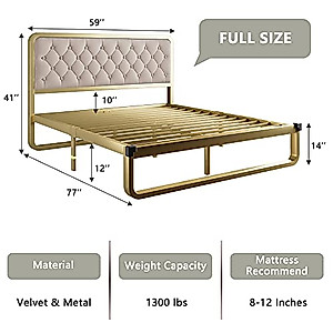 Feonase Full Size Platform Bed Frame with Heavy-Duty Steel Slats, Velvet Upholstered Headboard, 12" Storage Space, No Box Spring Required, Noise Free, Easy Assembly, Golden and Beige