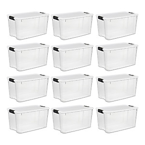 Sterilite 70 Qt Ultra Latch Box, Stackable Storage Bin with Lid, Plastic Container with Heavy Duty Latches to Organize, Clear and White Lid, 12-Pack