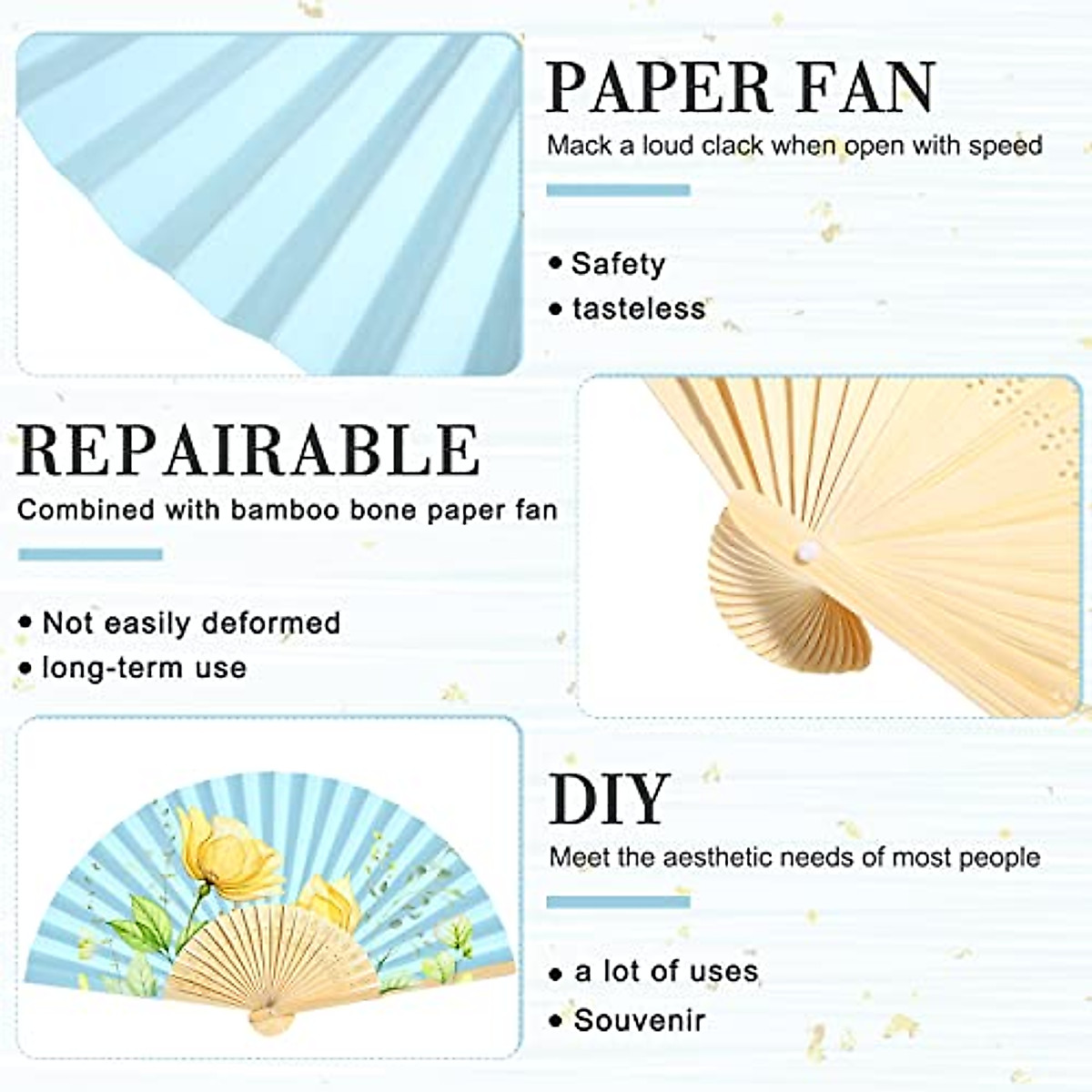 Roowest 50 Pack Handmade Paper Folding Fans with Gift Bags Thank You Card, Bamboo Handheld Folded Fan for Home DIY Office Decor Wedding Party Baby Shower Party Gift Accessories (Blue)
