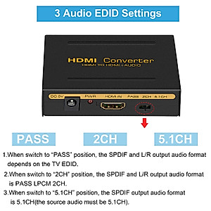avedio links 4K HDMI Audio Extractor Splitter, 1080P HDMI to HDMI Audio Converter + Optical Toslink SPDIF + L/R Stereo Analog Audio, HDMI Audio Adapter for Fire Stick, Blu-Ray Player (4K 30Hz Black)