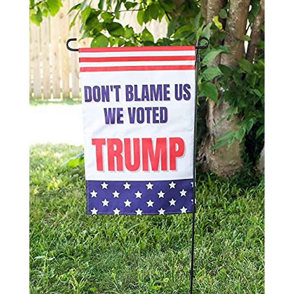 Anti Biden Outdoor Garden Flag | Don’t Blame Us We Voted Trump Funny 12x18 Double-Sided Flag Banner for Lawn and Garden | White with American Flag Colors