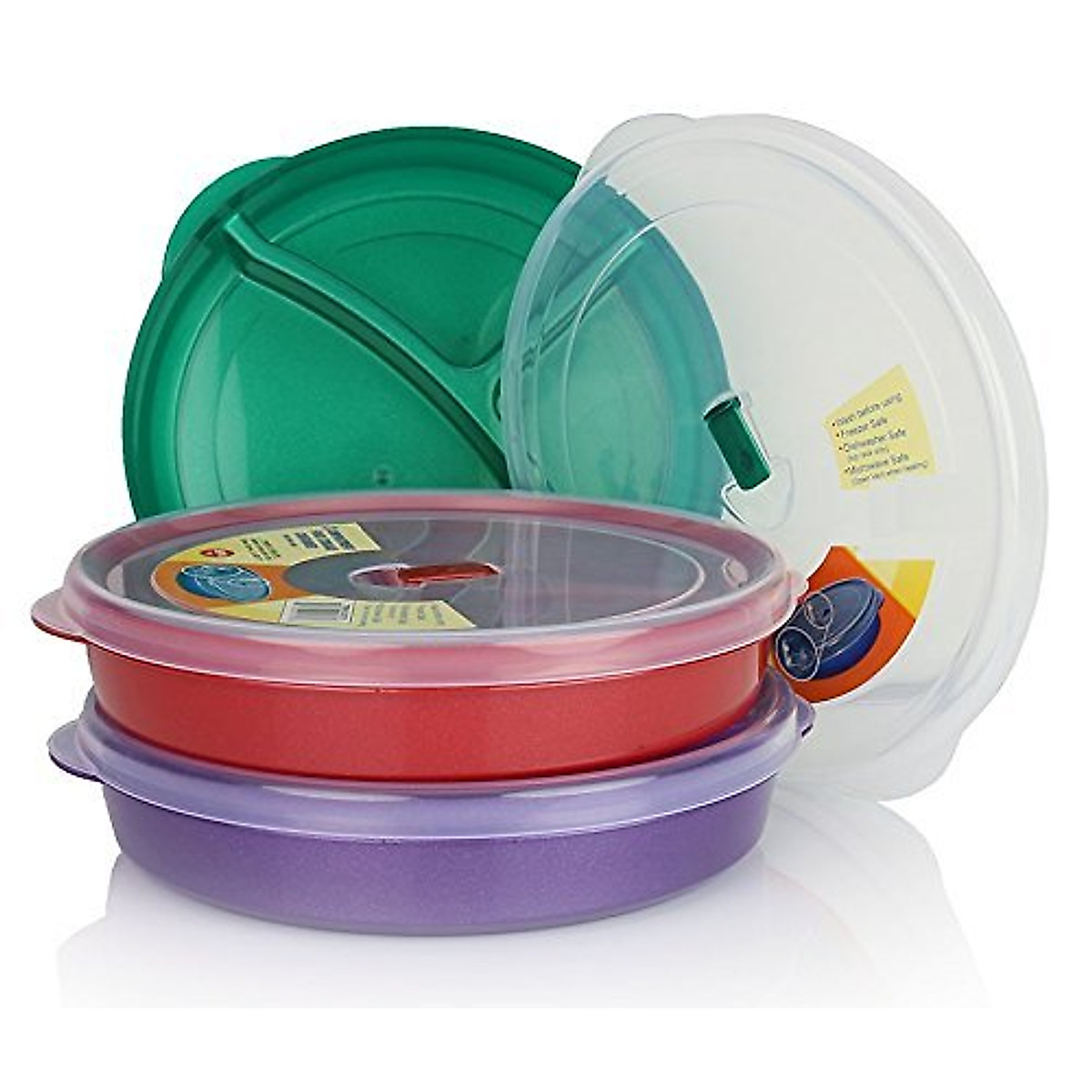(Set of 3) Chef's 1st Choice Microwave Food Storage Tray Containers - 3 Section / Compartment Divided Plates w/ Vented Lid
