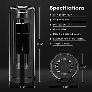 VIVOSUN 13'' Tower Fan, Bladeless Desk Fan with 3 Speeds and 70° Oscillation, Portable and Compact, Quiet Cooling Fan for Home and Office, Black