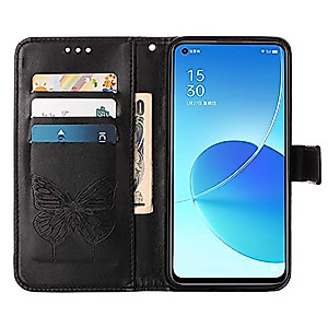 ONV Wallet Case for Oppo Reno 6 Pro 5G - Butterfly Embossed Phone Case with Card Holder Lanyard Stand Case Leather Magnetic Closure Flip Cover for Oppo Reno 6 Pro 5G [by] -Black