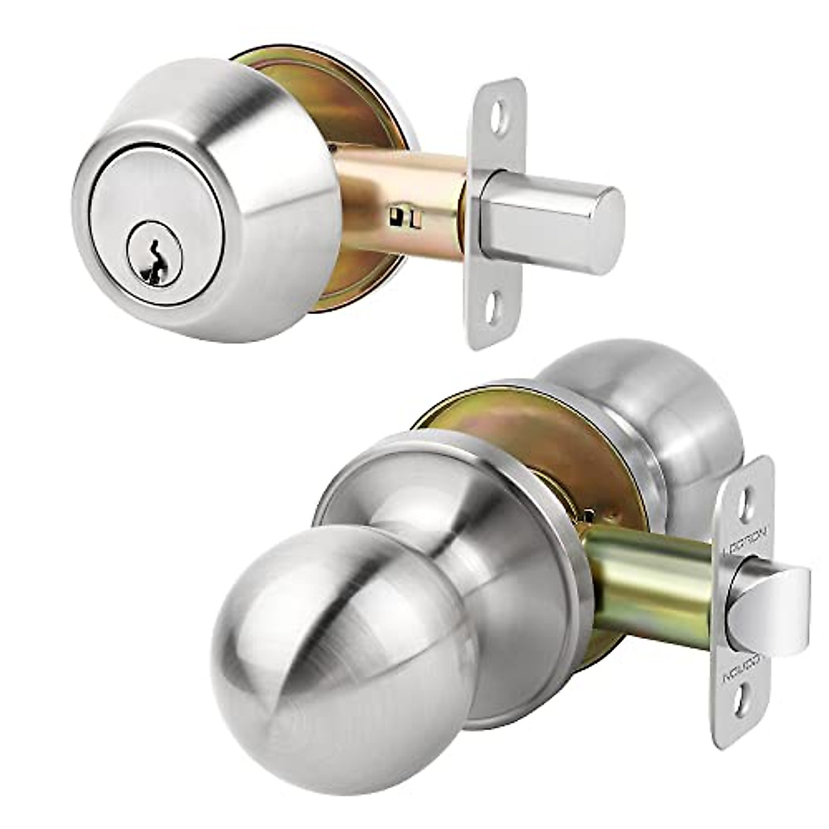 LOQRON Passage Ball Door Knob and Single Cylinder Deadbolt Lock Combo Set Security for Front Door Hallway/Closet with Satin Nickel Finish