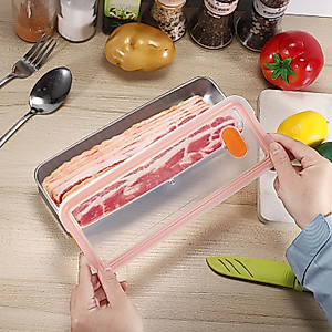JUXYES Bacon Storage Container for Refrigerator, Stainless Steel Bacon Storage Box for Fridge with Transparent Lid, Airtight Bacon Storage Keeper, Deli Meat Saver Cuts Food Storage Organizer