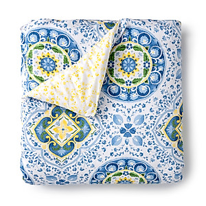 MARTHA STEWART Aria Duvet Cover Queen Size, 3 Piece Set-1 Duvet Cover, 2 Pillow Shams, Cotton-Percale, Soft, Reversible, Easy Wash, All Season 90"x92" with Button Closure, Federal Blue