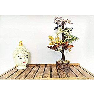 Shawn Seven Chakra Natural Healing Gemstone Bonsai Fortune Money Tree for Good Luck, Wealth & Prosperity Office Decor Spiritual Gift (with Golden Wire and 300 Beads) Size 10-12 Inches, Golden,natural