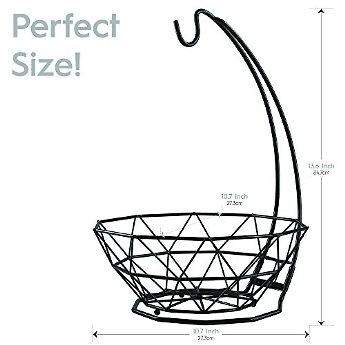 CuttleLab Fruit Basket with Banana Hanger (Black, 1-Tier), Fruit Bowl with Banana Holder, Fruit Bowl for Kitchen Counter used as Bread Basket, Vegetable Basket, Fruit Stand,Egg Holder with Banana Tree