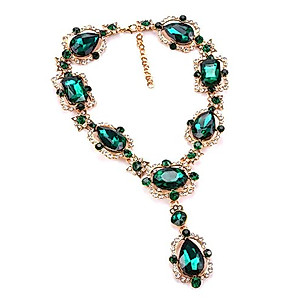 Secret for Longevity Extra Large Victorian Art Deco Antique Retro Vintage Style Gold Tone Dark Green Hunter Emerald Rhinestone Chunky Statement Wedding Bridal Prom Drag Queen Pageant Necklace