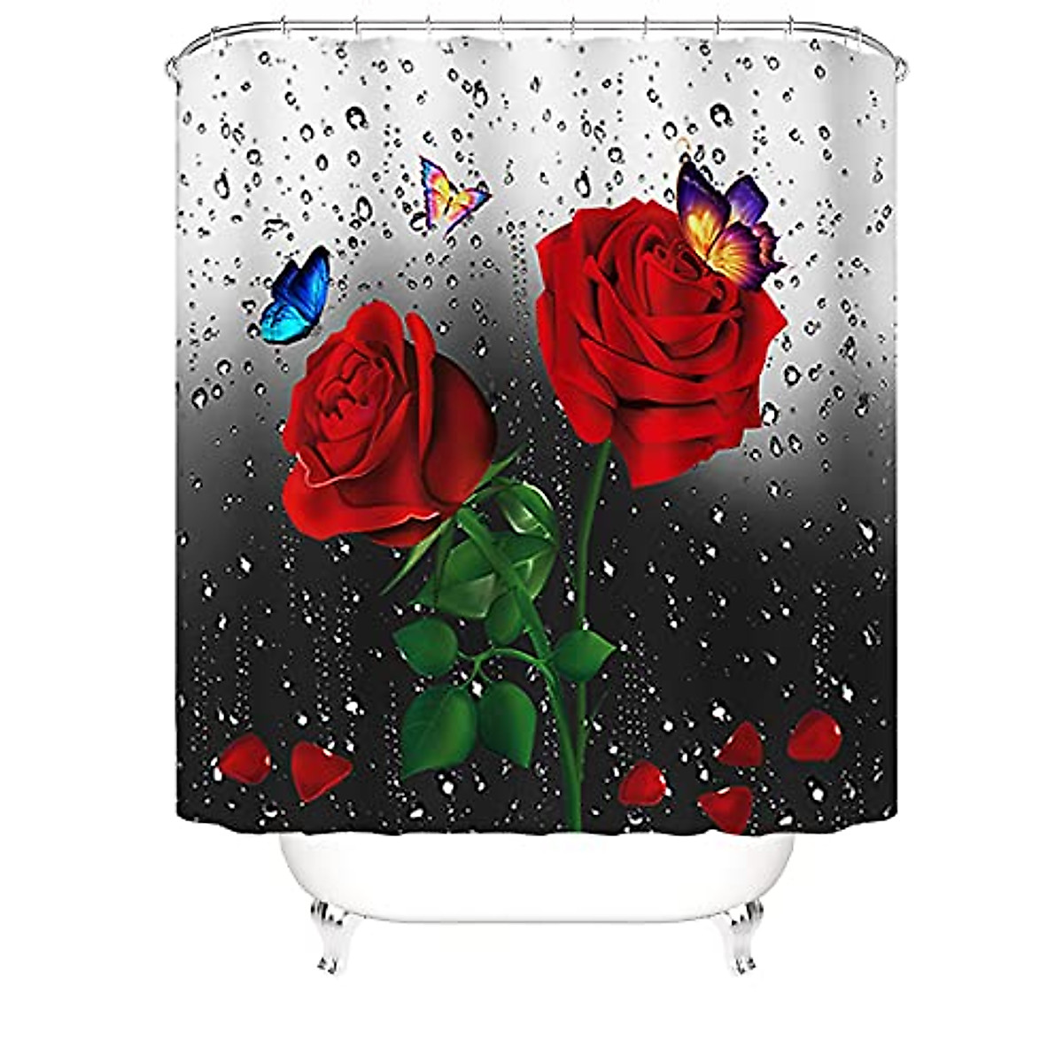 Red Rose Shower Curtain Sets with Non-Slip Rugs,Toilet Lid Cover and Bath Mats Rose Bathroom Sets with Rugs and Accessories Flower Shower Curtain for Bathroom Floral Bathroom Curtain Sets1-1