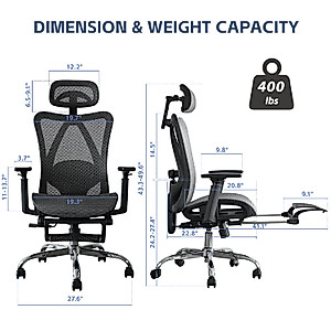 DFLIVE Ergonomic Office Chair, SGS Certified Gas Cylinder, 400 LBS Capacity, Retractable Footrest, Office Chair with Adjustable Lumbar Support, Gaming Chair, Mesh Office Chair
