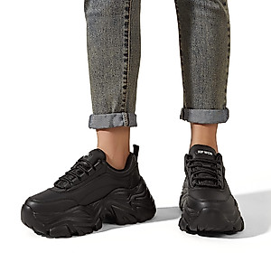 K KIP WOK Chunky Sneakers for Women Fashion Platform White Leather Casual Dad Shoes Comfortable Wedge Walking Sport Sneakers(Black,11B(M) US