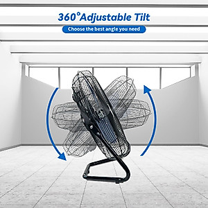 TEMPWARE 20 Inch High Velocity Industrial Floor Fan, 3-Speed Heavy Duty Metal Cradle Floor Fans with 360° Tilt for Warehouse, Workshop, Garage, Factory and Basement, Black & Blue