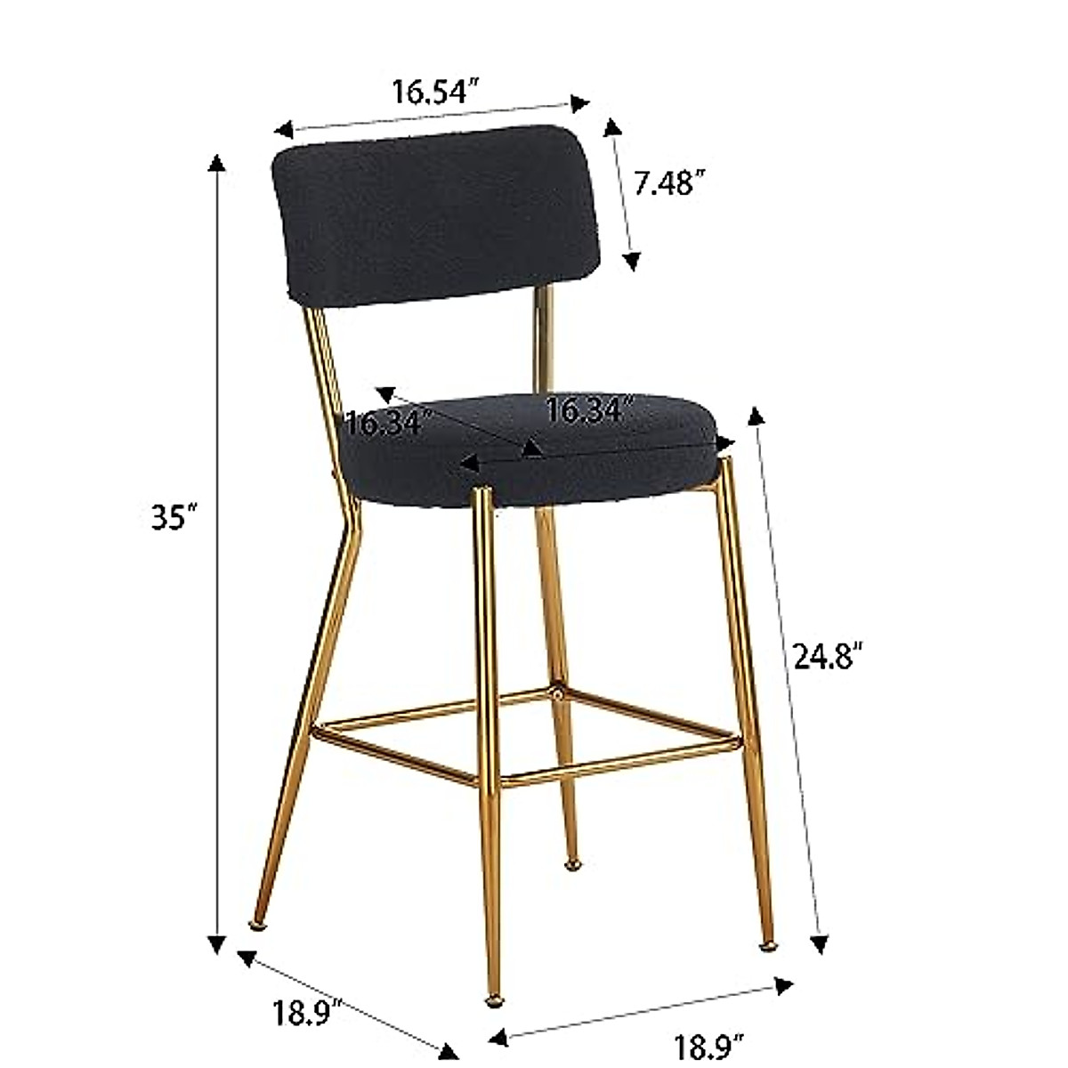 RIGHTPARTS Boucle Bar Stools Set of 2, 24 inch Modern Counter Height Bar Stools, Kitchen Island Stool Dining Chairs Tall Barstools with Backrest Fabric Upholstered Padded Metal Legs (2, Black 01)