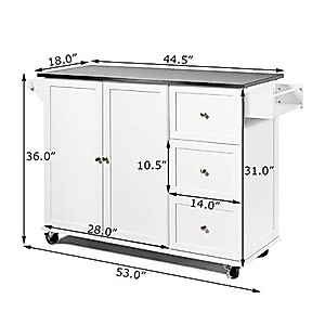 Giantex Kitchen Island with Stainless Steel Countertop, Kitchen Cart Rolling Trolley with Towel Holder and Spice Rack, 3 Drawers, Adjustable Shelves, 2-Door Cabinet, Ample Storage Table (White)