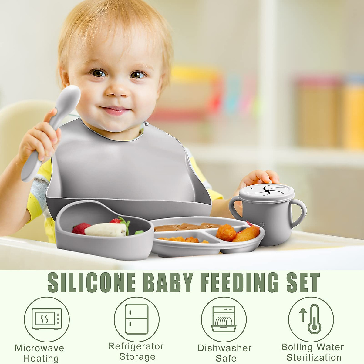 Potchen 14 Pack Baby Feeding Set, Silicone Baby Led Weaning Feeding Supplies with Suction Bowl Divided Plate Adjustable Bib Soft Spoon Fork Snack Cup with Lid Drinking Cup, Utensil (Army Green, Grey)