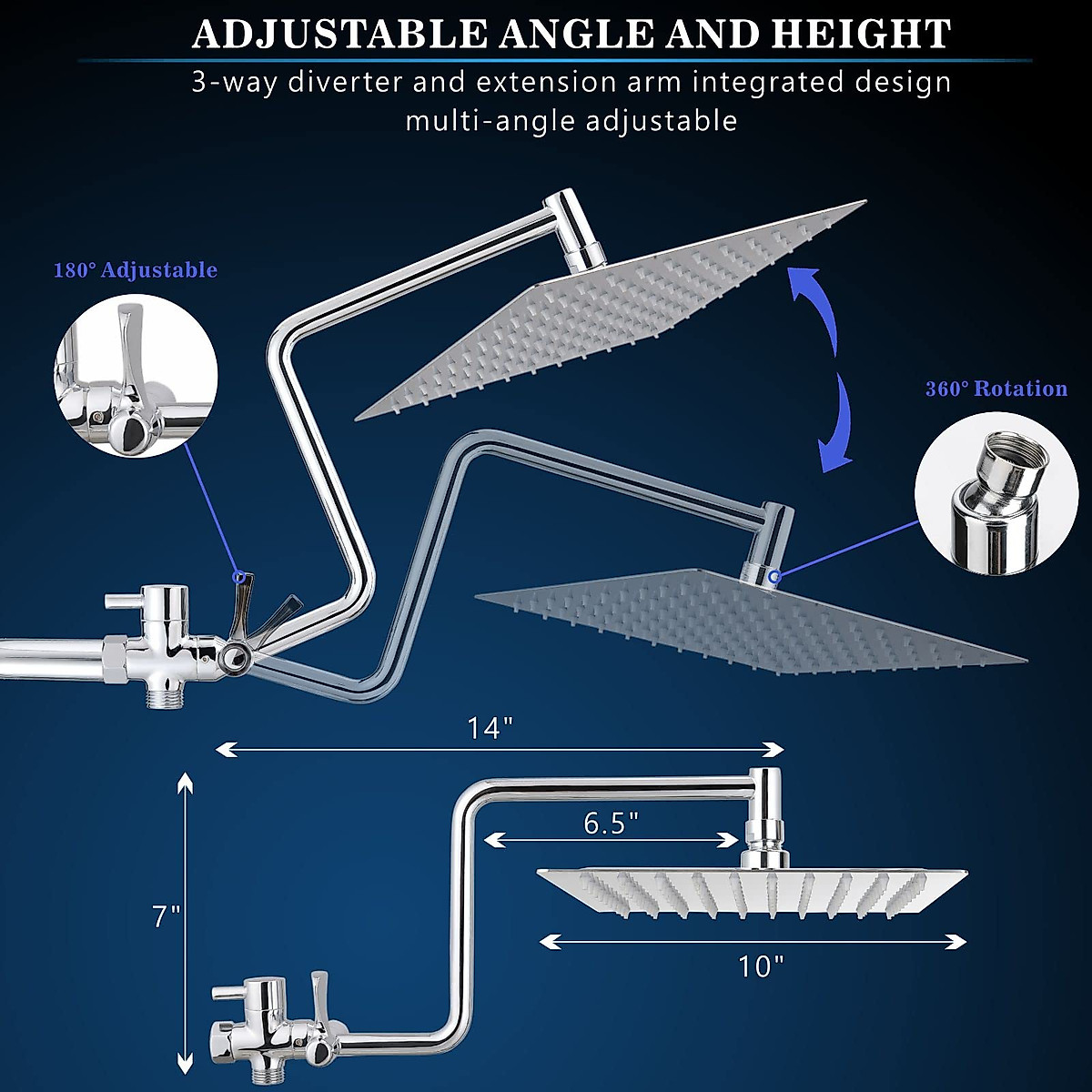 Nuodan Dual Shower Head, 10'' High Pressure Rain Shower Head / 5 Spray Handheld Showerhead Combo with 14'' Adjustable Shower Extension Arm, Hose and Adhesive Shower Holder (Chrome)