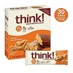 think! Protein Bars, High Protein Snacks, Gluten Free, Kosher Friendly, Creamy Peanut Butter, Nutrition Bars, 2.1 Oz per Bar, 30 Count (Packaging May Vary)