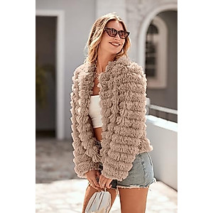 PRETTYGARDEN Womens Winter Coats Fashion Faux Fur Long Sleeve Fleece Shaggy Lightweight Fall Cropped Jacket Outerwear (Dark Khaki,Medium)