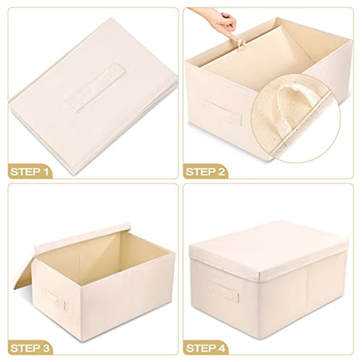 Storage Bin 2 Pack, Large Storage Bins with Lids, Vailando Decorative Storage Boxes Fabric Cotton Linen Collapsible Basket for Bedroom Closet Shelves Office Nursery ( Beige)