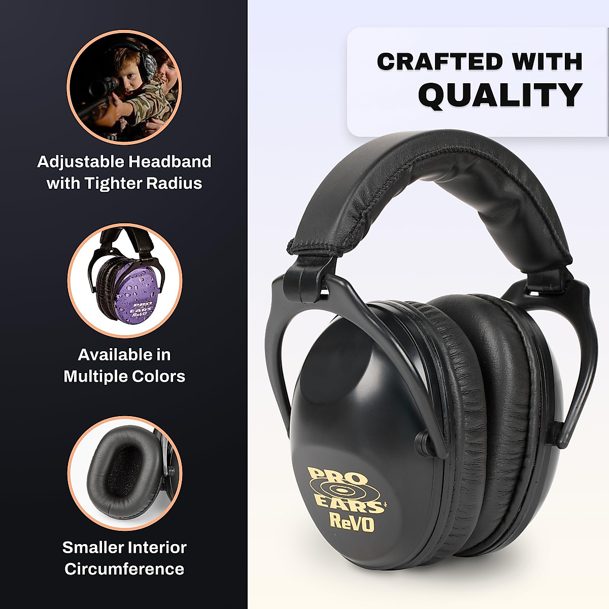 Pro Ears ReVO Passive Ear Muffs, Perfect for Children & Adults with Smaller Heads, NRR 25, Comfortable Fit w/Proform Leather Cushions, Ideal for Hunting, Concert, Racing, USA-Made, Skulls