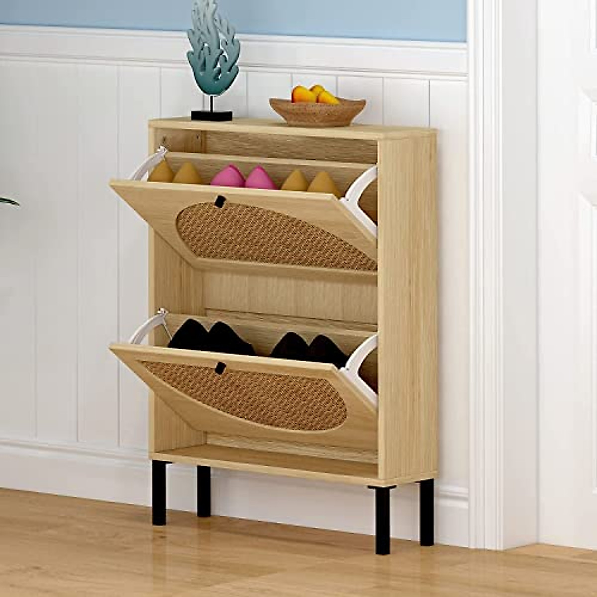 TehRecBT Rattan Shoe Cabinet with 2 Flip Drawers, Entryway Shoe Storage Cabinet with Flip Door & Metal Legs, Modern Freestanding Tipping Bucket Shoe Organizer for Entryway, Hallway, Bedroom