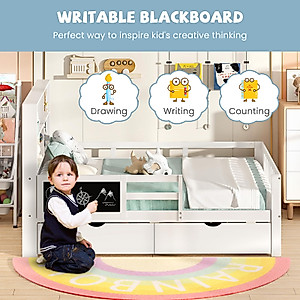 Giantex Full Bed with 2 Storage Drawers, Solid Wood Kids Bed Frame w/Bookcase Headboard & Blackboard, Full-Length Guardrails & Wooden Slats Support, Full Size Bed Frame for Kids Boys Girls, White