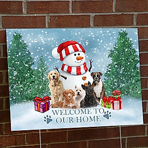 Garden Lawn Sign Christmas Welcome to Our Home Dogs and Snowman Corrugated Yard Sign Quotes Holiday Snowman for Garage Sales Rent Open House Construction 12"x18"