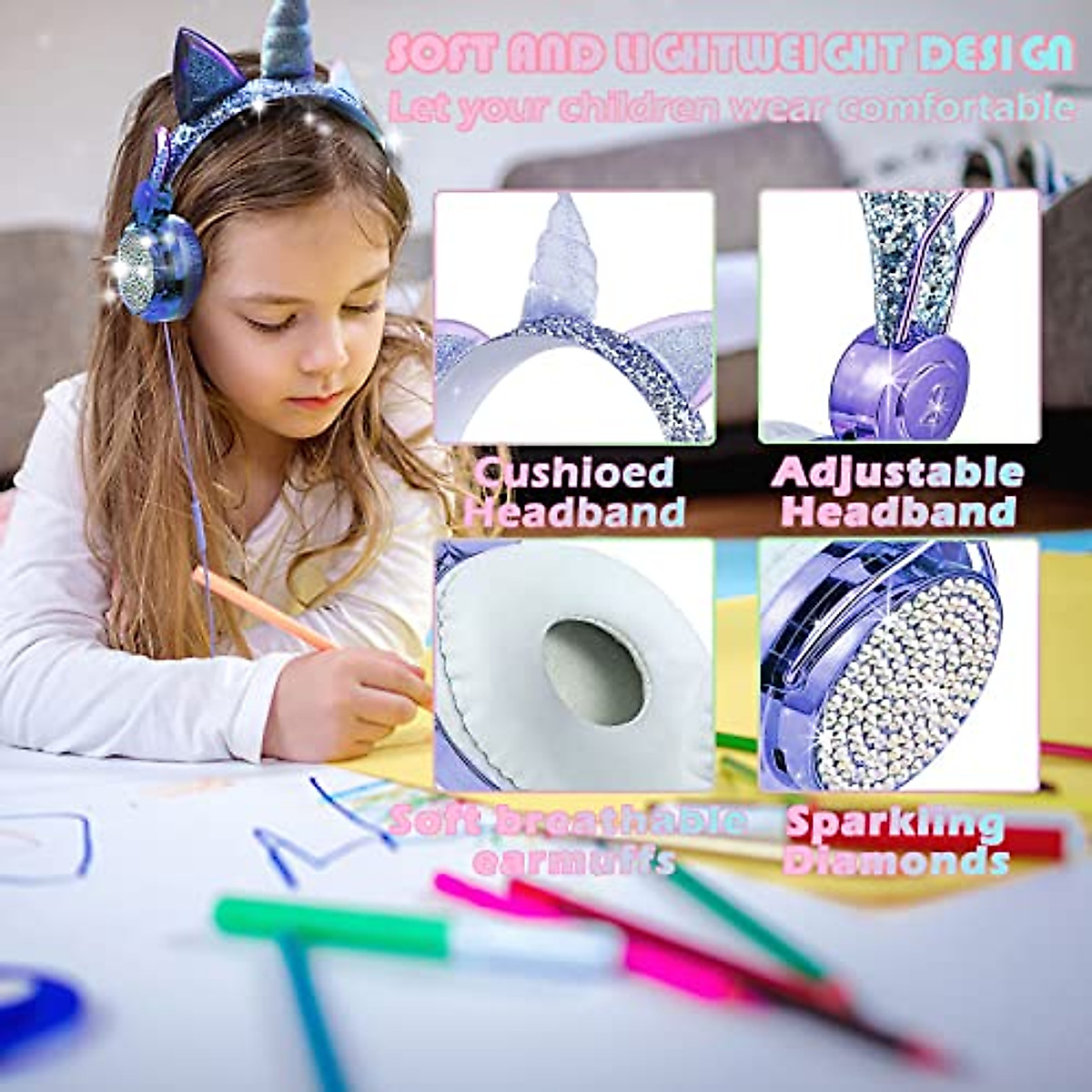 SVYHUOK Unicorn Kids Headphones for Girls Children Teens,Cute Cat Ear Wired Headphones w/Microphone 3.5mm Jack, Over On Ear Headset for School Birthday Xmas Unicorn Gift (Princess Blue)