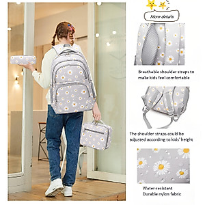 Daisy-Print 3Pcs School Bag Backpack Set for Teen Girls Elementary Middle Kids Waterproof Bookbag with Lunch Bag Pencil Case