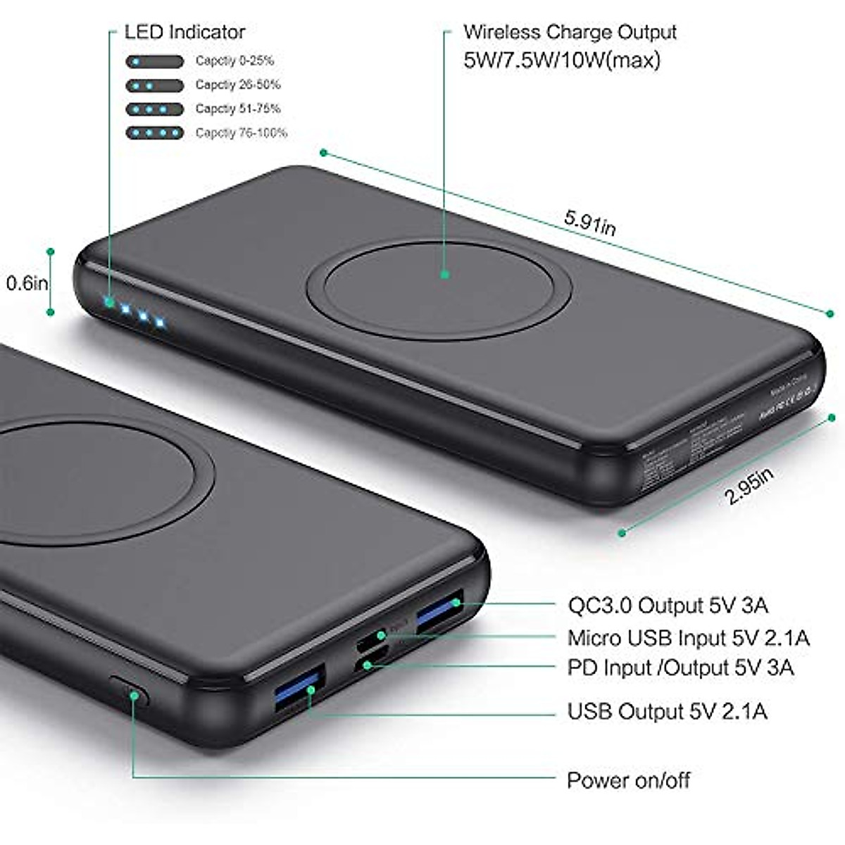 Ekrist Wireless Portable Charger Power Bank, PD 26800mAh Quick Cell Phone Wireless Charging, 2 Input+4 Output QC3.0 External Power Delivery USB-C Battery Pack Compatible with iPhone 12/11, Samsung