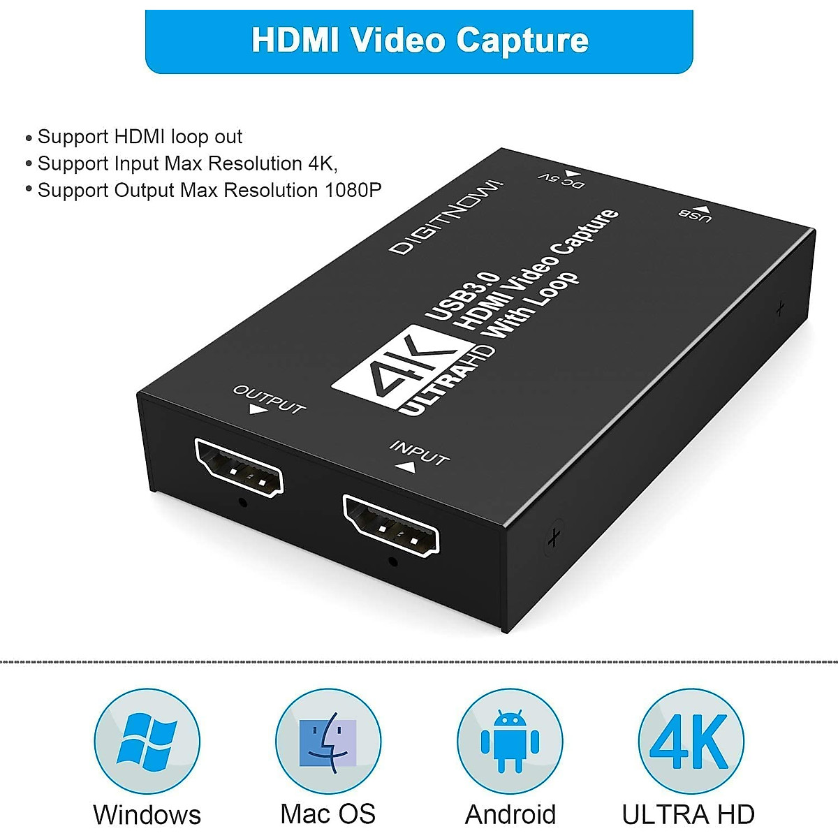 Video Capture Card, 4K HDMI Video Capture, USB 3.0 Game Capture Card, Video Capture Device Full HD 1080p 60FPS for Live Streaming, Work with PS4/PS5/Xbox/PC/Mac Linux Android Windows 10/11