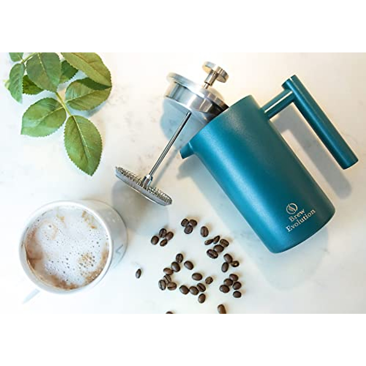 Brew Evolution 12 oz Stainless Steel French Press Coffee Maker | Double Walled Insulated Coffee & Tea Brewer Pot & Maker | Keeps Brewed Coffee or Tea Hot | 350 ml, Hawaiian Blue