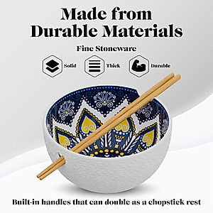 American Atelier Ramen Bowl with Chopsticks | Set of 2 | Soup Bowls for Kitchen | Udon Noodle Bowls with Chopsticks | Stoneware Rice Bowl | 6" Diameter (21 Oz) - Medallion Blue & Yellow Star Design