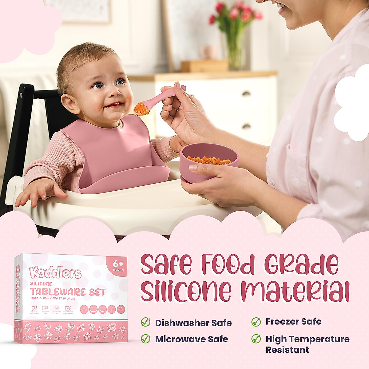 Koddlers Silicone Baby Feeding Set - Baby Led Weaning Supplies - Baby Suction Plate and Bowl Set - Baby Self Feeding Spoons Forks Sippy Cup and Bib - Baby Eating Utensils for 6+ Months (Pink)