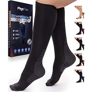 PhysFlex Compression Socks for Women and Men - Best Support for Running, Flying, Pregnancy - Graduated Compression Stockings (US, Alpha, Small, Black)