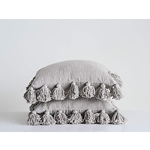 Grey Square Cotton Pillow with Tassels