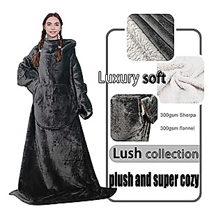 NordECO HOME Sherpa Wearable Blanket for Adults, Oversized Blankets for Women and Men with Warm Sleeve and Big Pockets, Valentines Day Gifts Long Fleece TV Throws Blanket 72" x 55" (Deep Grey)
