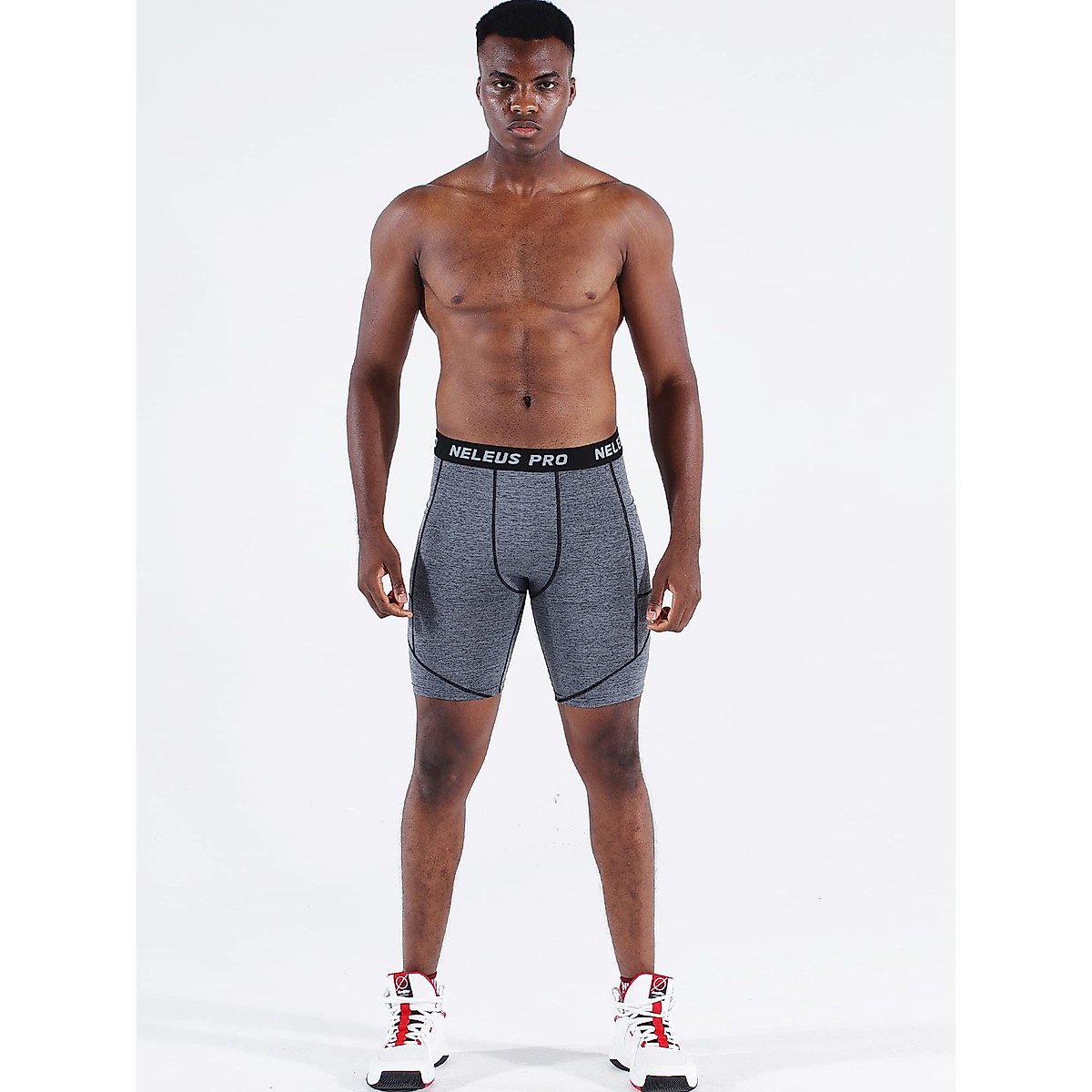 NELEUS Men's Compression Shorts with Pockets Workout Running Tights,3 Pack,6082,Black/Grey/Navy Blue,L