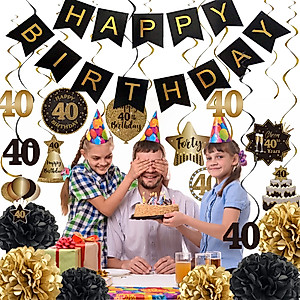 BRT Bearingshui Happy 40th Birthday Hanging Swirls Streamers Decoration Set, Happy Birthday Banner with Tissue Pompoms, Black and Gold 40 Years Old Birthday Party Hanging Backdrop Decorations