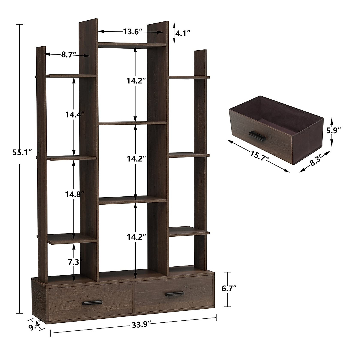 WEENFON Unique Bookcase with 1 Large Drawer, Tree-Shaped Bookshelf with 12 Storage Shelves, Open Standing Ladder Shelf, Bookshelf for Bedroom, Living Room, Office, Dark Brown