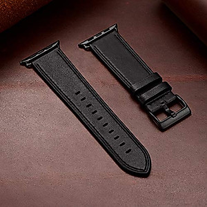 OUHENG Compatible with Apple Watch Band 49mm 45mm 44mm 42mm, Genuine Leather Band Replacement Strap Compatible with Apple Watch Ultra Series 8/7/6/5/4/3/2/1/SE2/SE, Black Band with Black Adapter