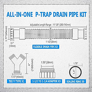Cinsda Flexible P Trap Kit Fits 1 1/2" or 1 1/4" Double Bowl Sink Drain, Expandable All In One Sink Drain Pipe for Kitchen, Bathroom, Restroom