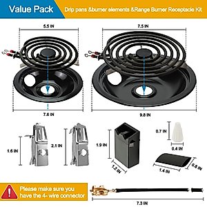 MP22YA Electric Range Burner Element Unit Set with 330031 Surface Element Receptacle Kit and Porcelain Drip Bowl Set by Fetechmate Compatible with whir-pool Frigi-daire Ken-more May-tag Range Oven