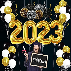 KatchOn, Graduation Balloons 2023 Set - Big 40 Inch, Pack of 43 | Gold 2023 Balloons Graduation, Pompoms and Hanging Swirls | Black and Gold Graduation Party Decorations 2023, Prom Decorations 2023