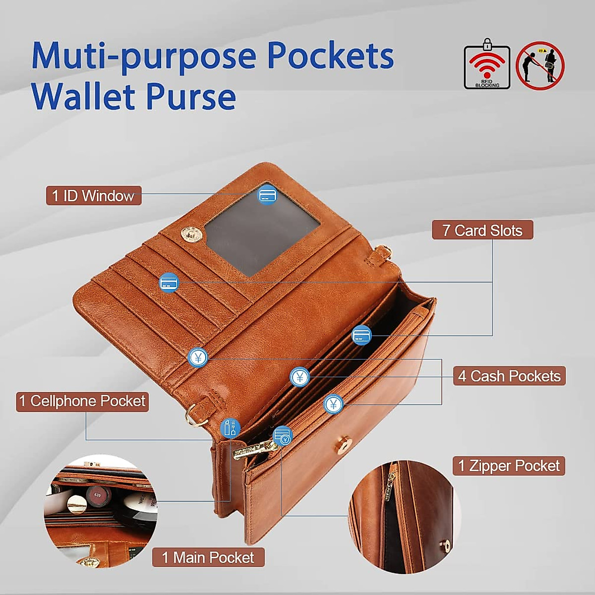 APHISON Multi-Function Small Crossbody Bags For Women,Cell Phone Shoulder Bag,Clutch Purse,RFID Wristlet Wallet,Card Holder Brown