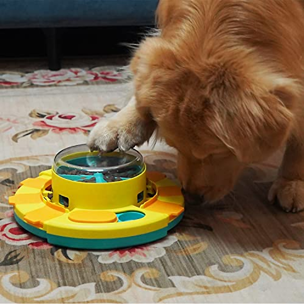 Dog Food/Treats Dispensing Container Toy | Interactive Pet Toy | Slower Feeder with Press Button, Blue