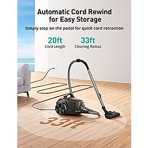 Aspiron Canister Vacuum Cleaner, 1200W Lightweight Bagless Vacuum Cleaner, 3.7QT Capacity, Automatic Cord Rewind, 5 Tools, HEPA Filter, Pet Friendly Vacuum Cleaner for Hard Floors, Carpet, Pet Hair