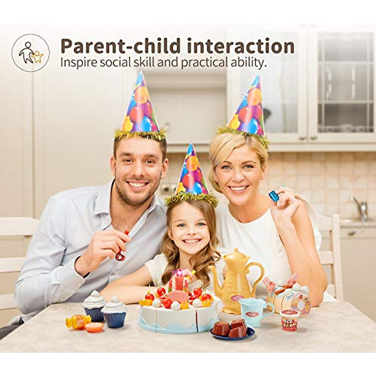 Birthday Cake Toys Set, Geyiie Cake Play Tea Party Dessert Set with Light, 88 PCS Pretend Play Cutting Food with Chocolate,Fruit Decor,Candles and More,Gift Choice for Toddlers Boys Girls